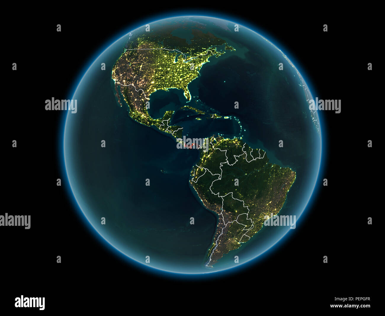 Panama in red with visible country borders and city lights from space ...