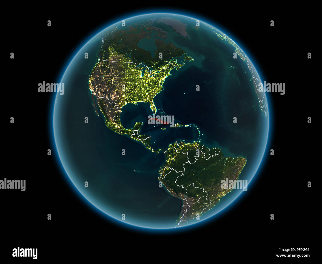 Cuba in red with visible country borders and city lights from space at ...