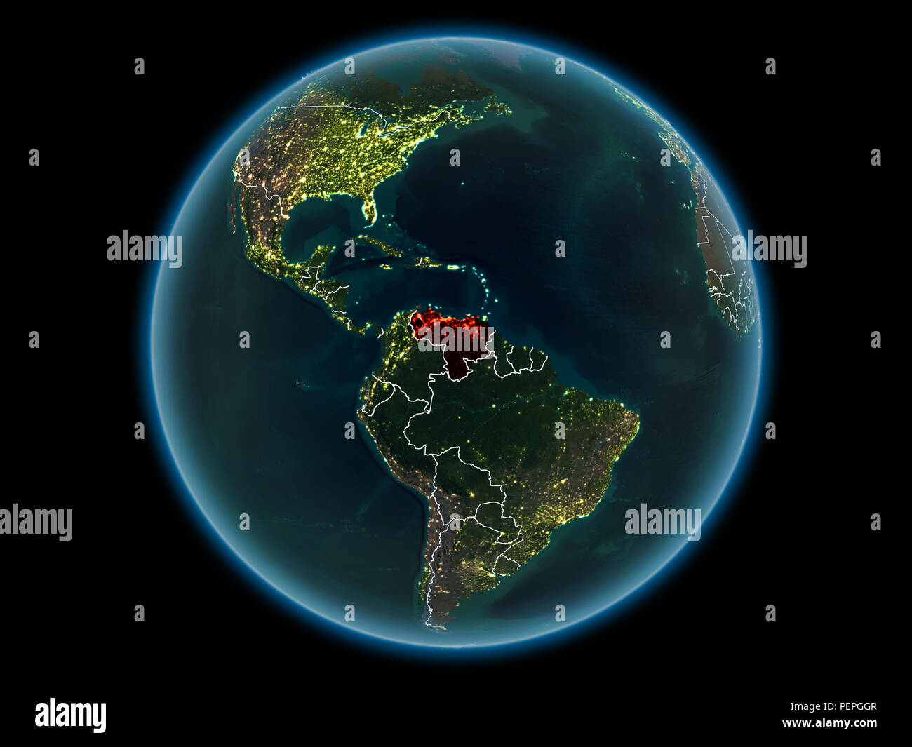 Venezuela in red with visible country borders and city lights from ...