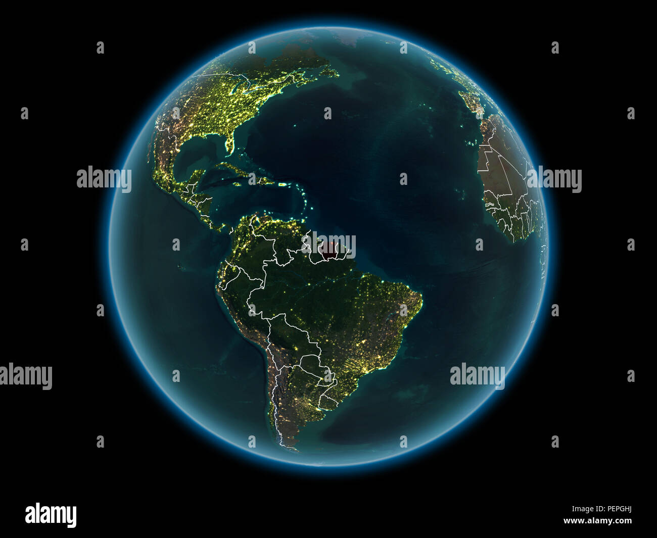 Suriname in red with visible country borders and city lights from space ...