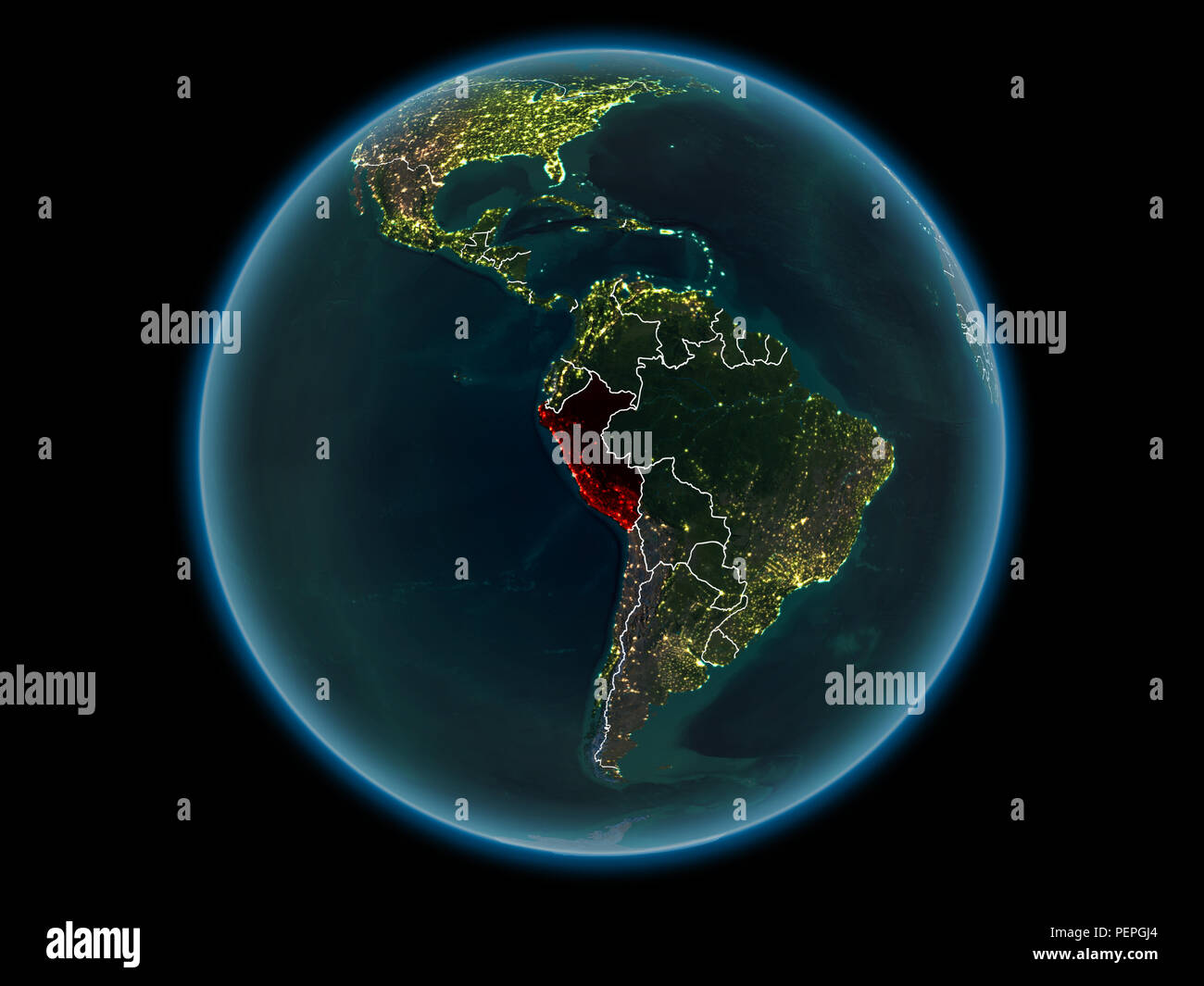 Peru in red with visible country borders and city lights from space at ...