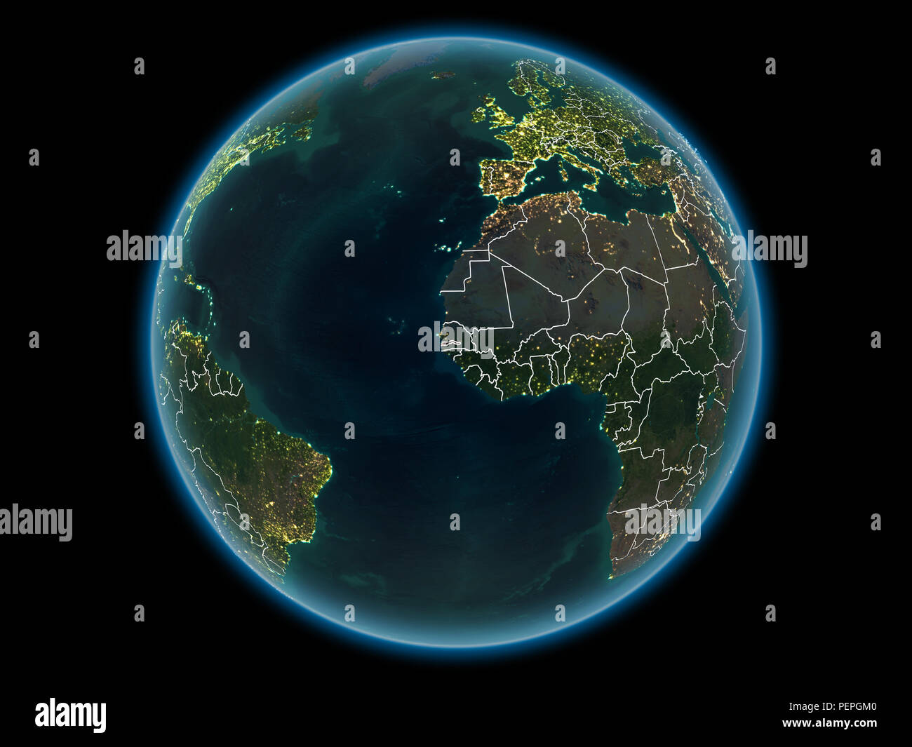 Gambia in red with visible country borders and city lights from space ...
