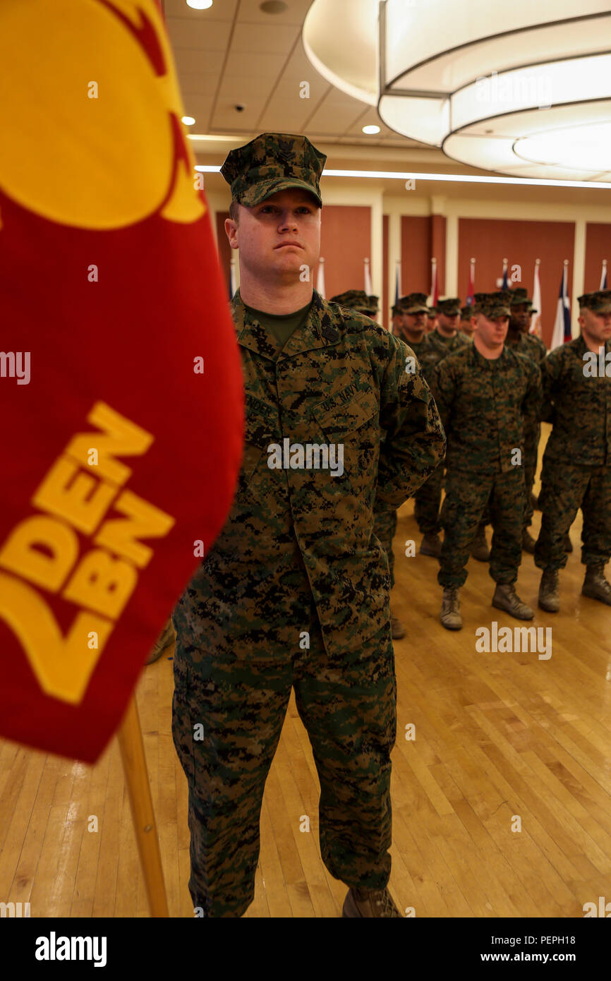 U.S. Sailors assigned to 2nd Marine Logistics Group (2D MLG) stand in ...