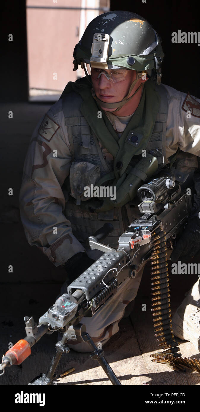 A U.S. Army Soldier, assigned to 11th Armored Cavalry Regiment, peers ...