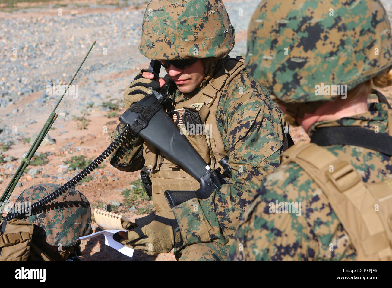 Marines with Marine Wing Headquarters Squadron (MWHS) 3 call in a nine ...