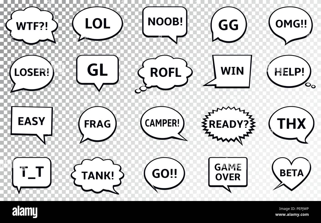 Speech bubbles with online computer gamers chat short messages. Vector ...