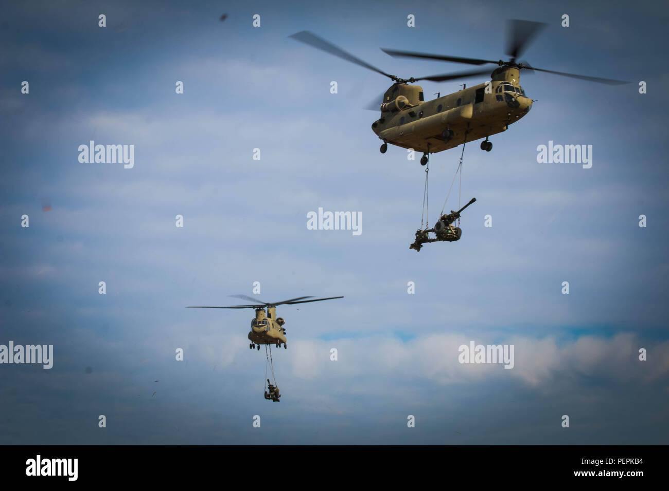 Two of three CH-47 Chinook with the 3rd General Support Aviation Battalion, 82nd Combat Aviation ...