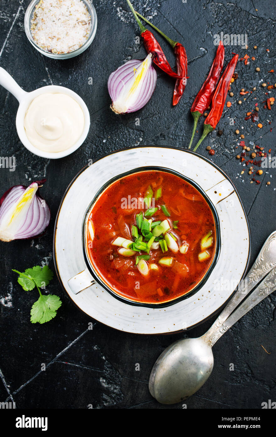 Traditional Ukrainian Russian borscht with white beans on the bowl ...