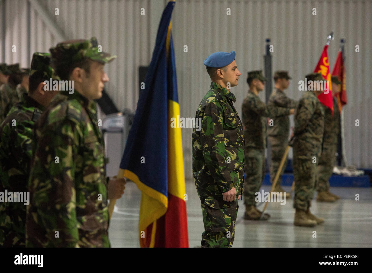 Romanian Armed Forces stand with U.S. Marines during the transfer-of ...