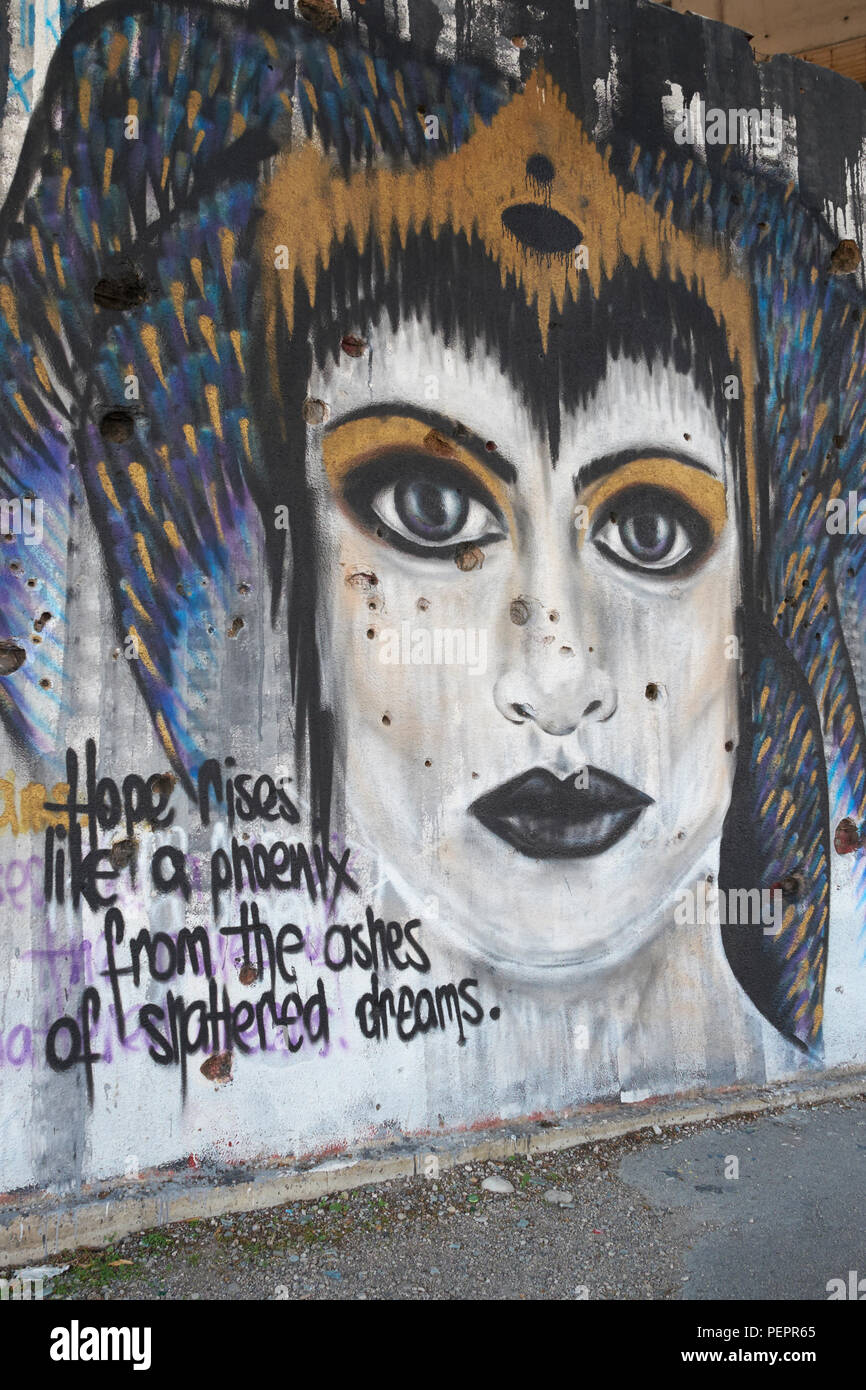 Graffiti on the 'Sniper Tower' (former Ljubljanska Bank) in Mostar ...