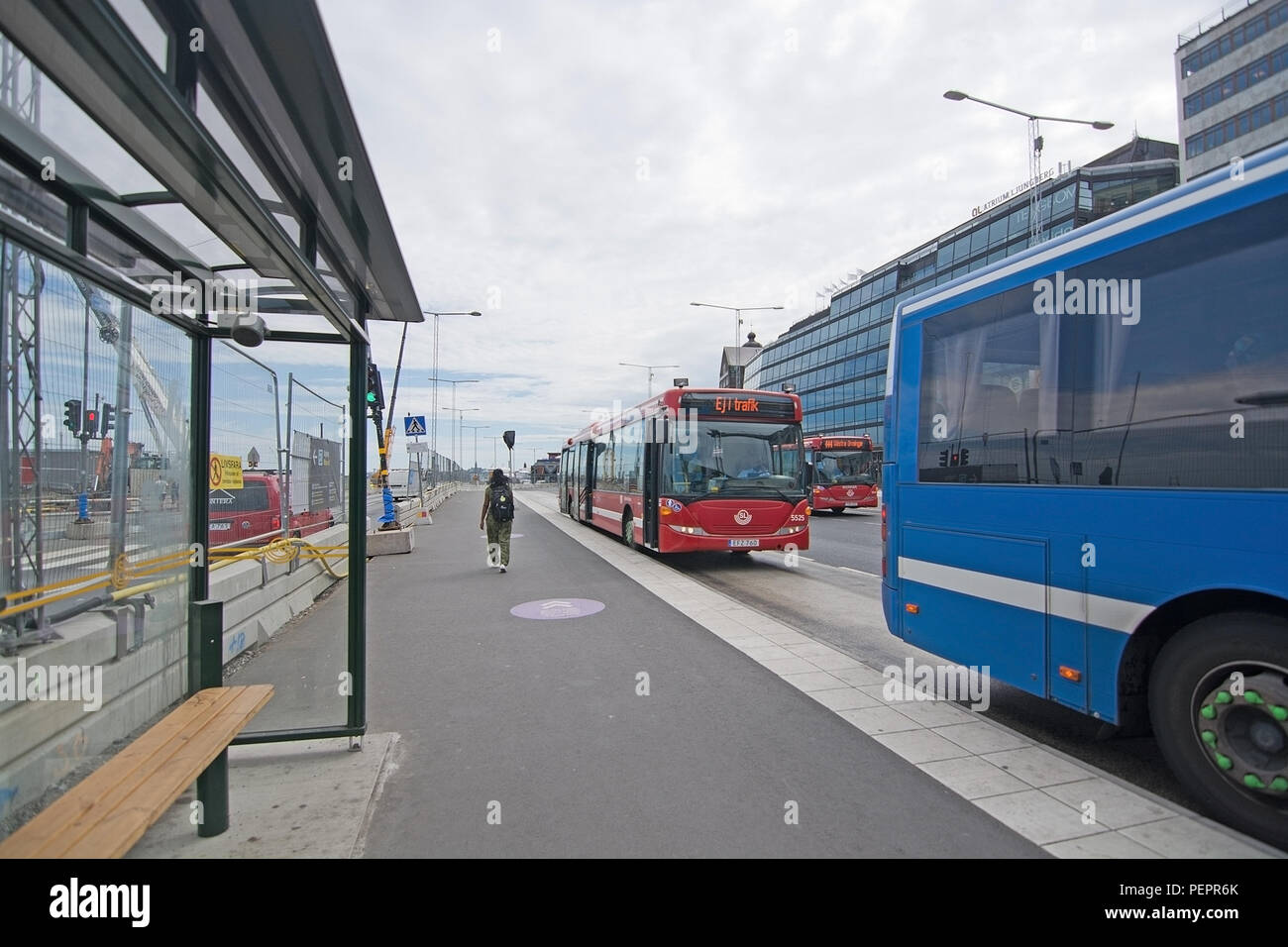 STOCKHOLM, SWEDEN - JULY 11, 2018: Bus station and buses on ...