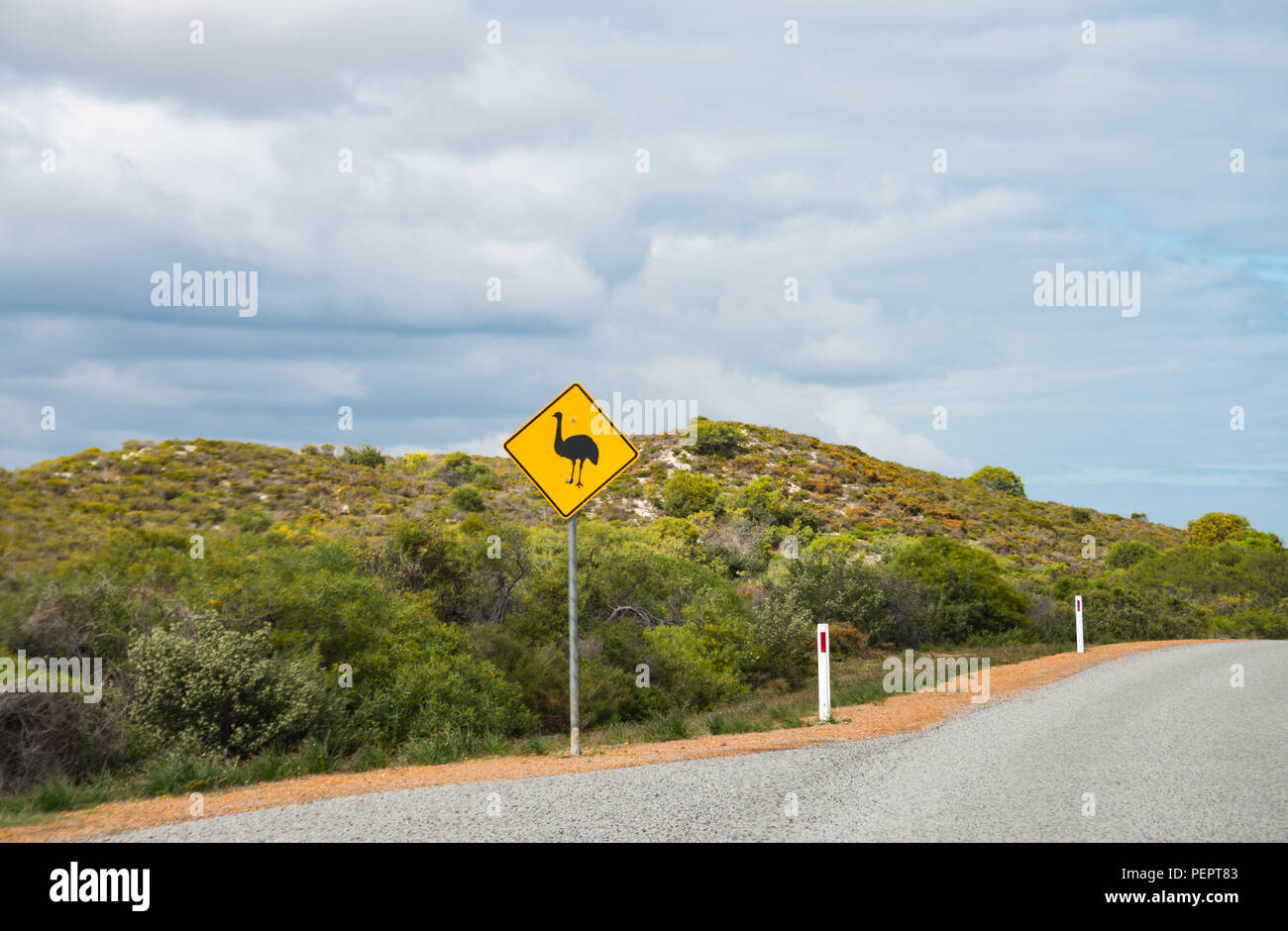Yellow emu warning sign on roadside, somewhere in the bush. Western ...