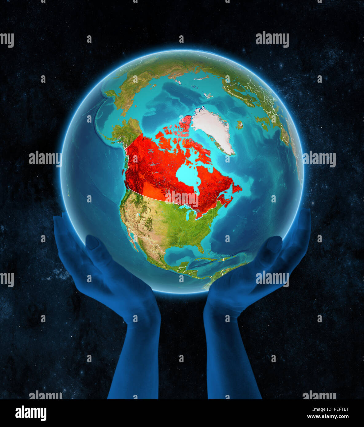Canada on planet Earth with visible country borders in hands in space ...
