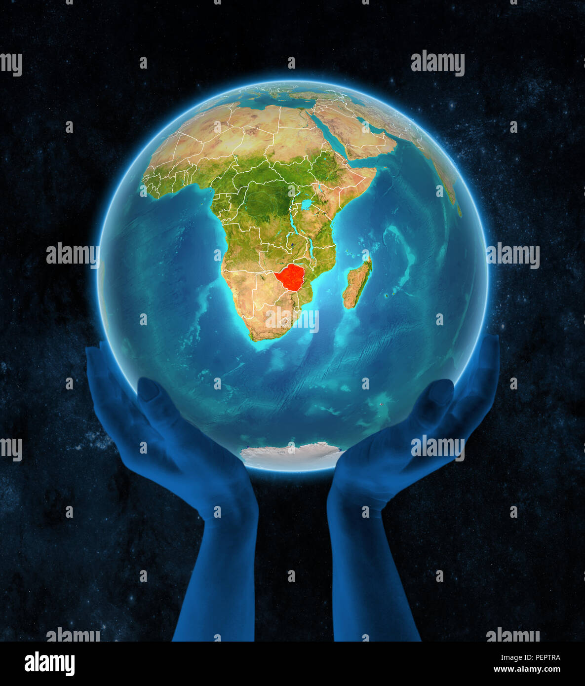 Zimbabwe on planet Earth with visible country borders in hands in space. 3D illustration Stock ...