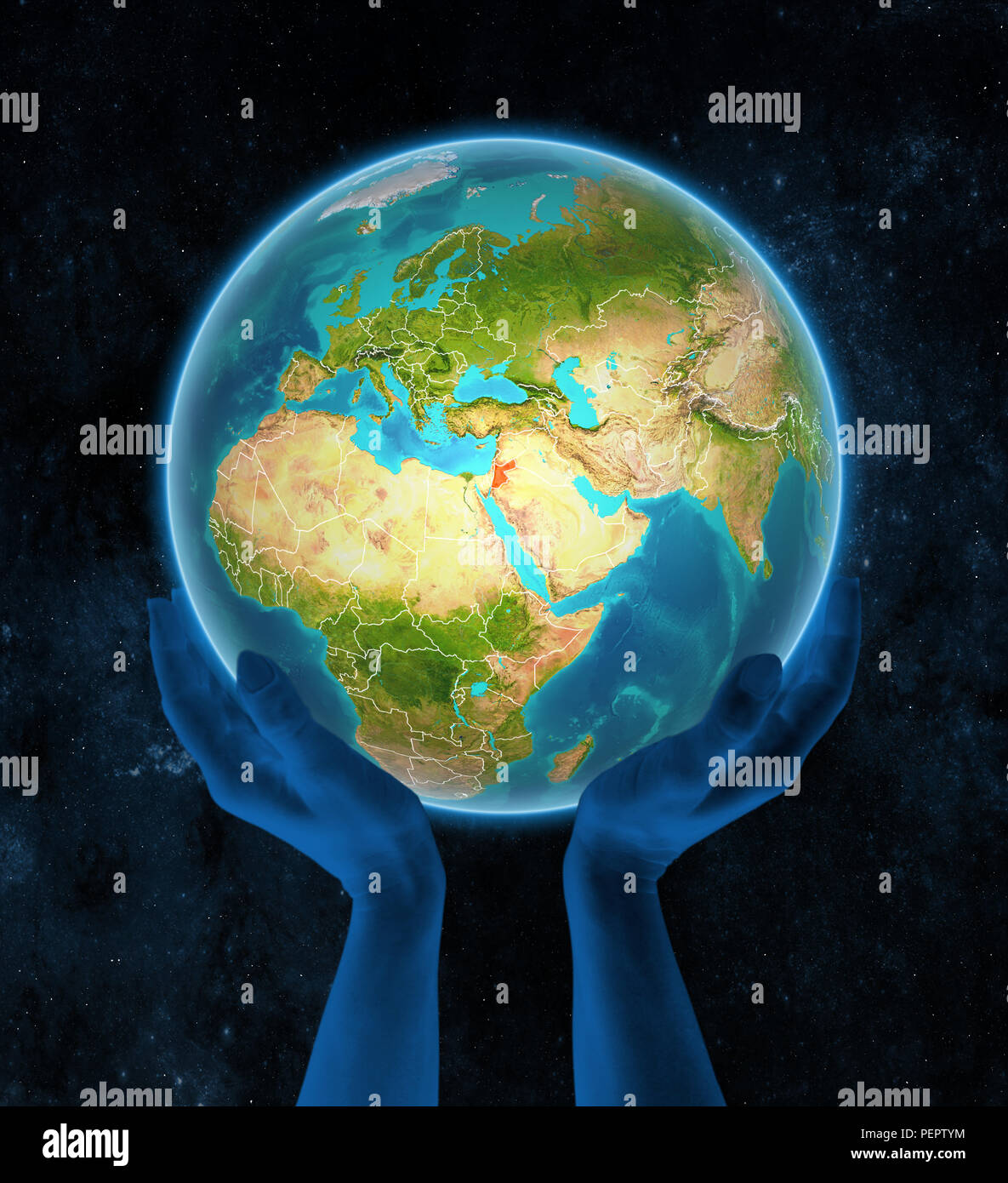 Jordan on planet Earth with visible country borders in hands in space ...