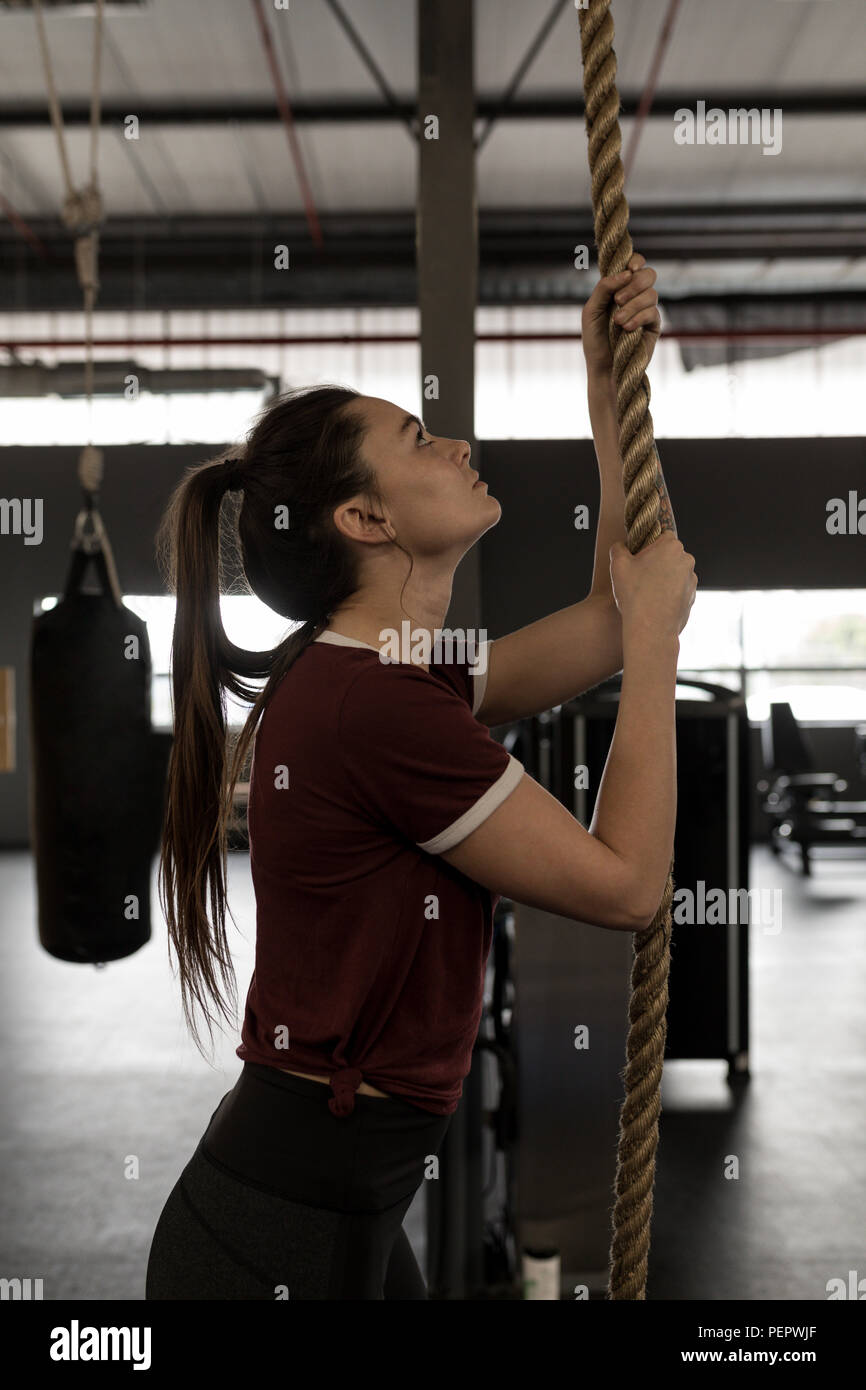 Woman doing rope climbing exercise in fitness gym Stock Photo - Alamy