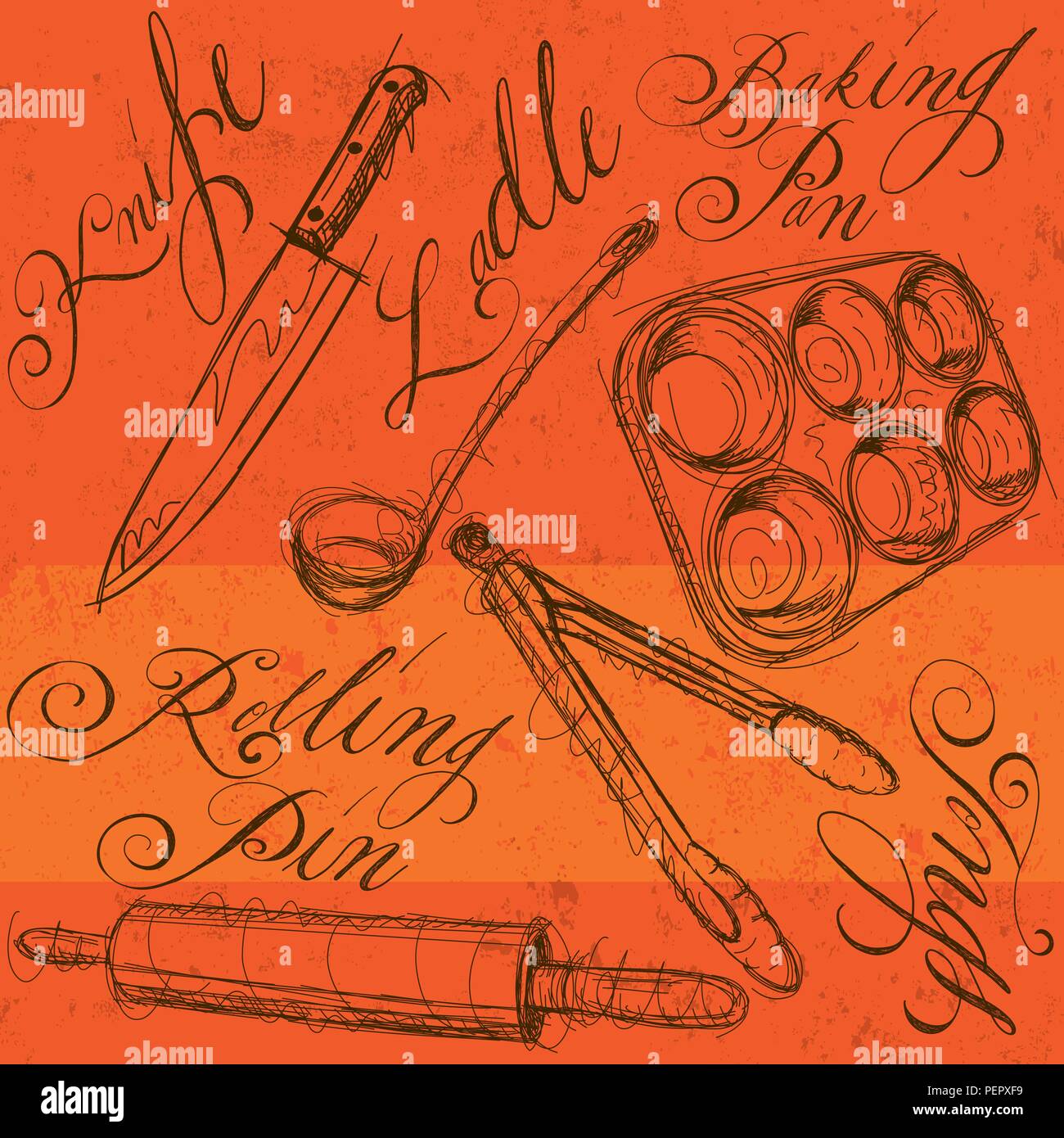 Kitchen utensils with calligraphy. Sketchy, hand drawn kitchen utensils ...