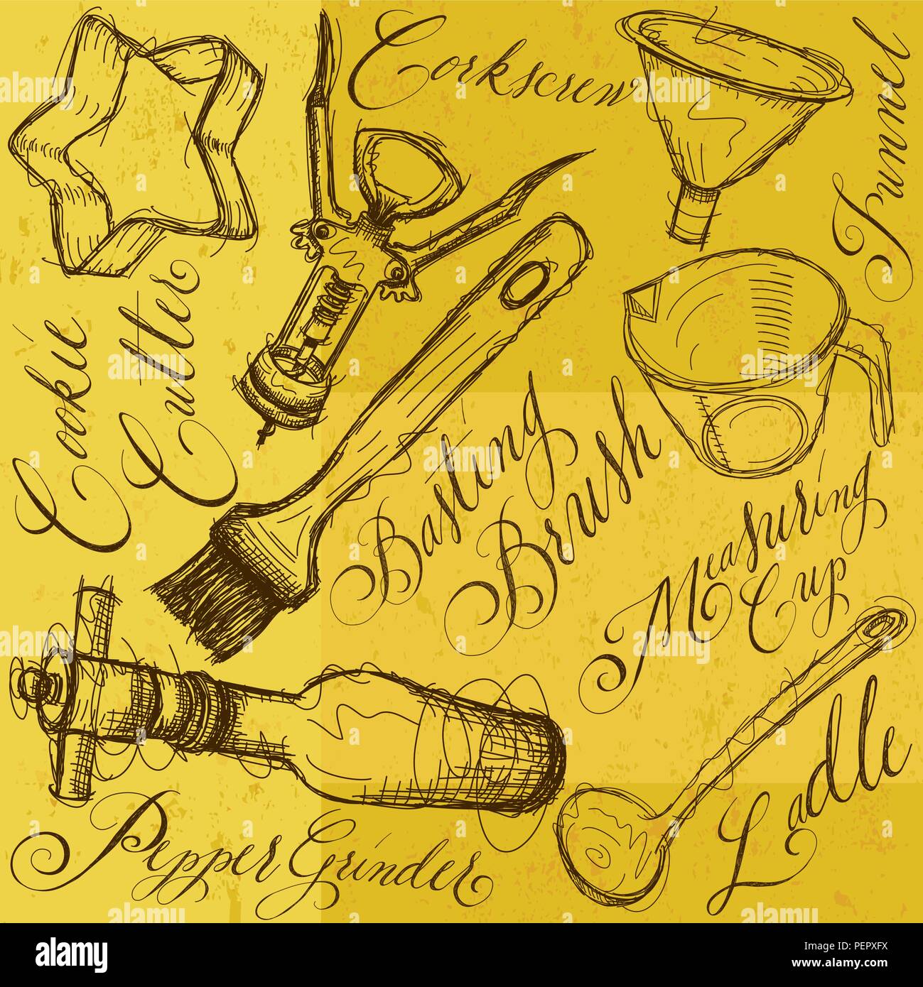 Kitchen Items with calligraphy. Sketchy, hand drawn kitchen utensils ...