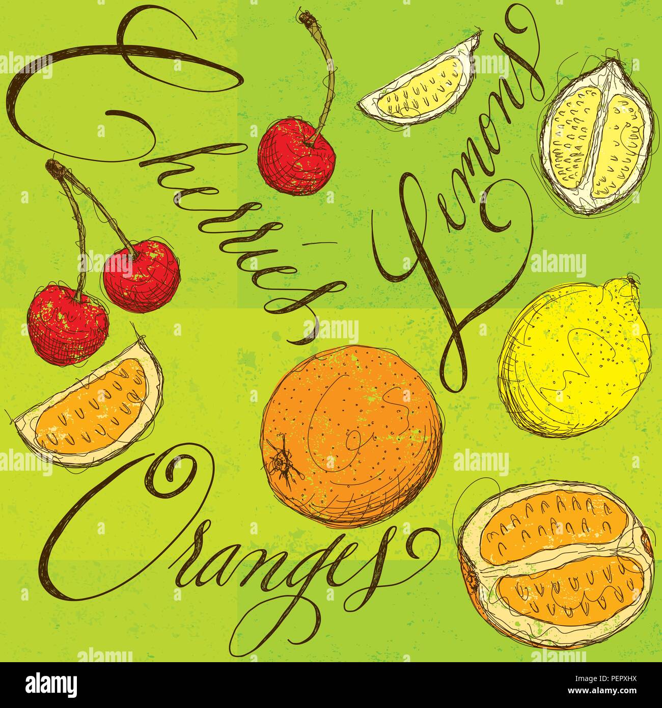 Mixed fruit with calligraphy The fruits are cherries, oranges, and ...