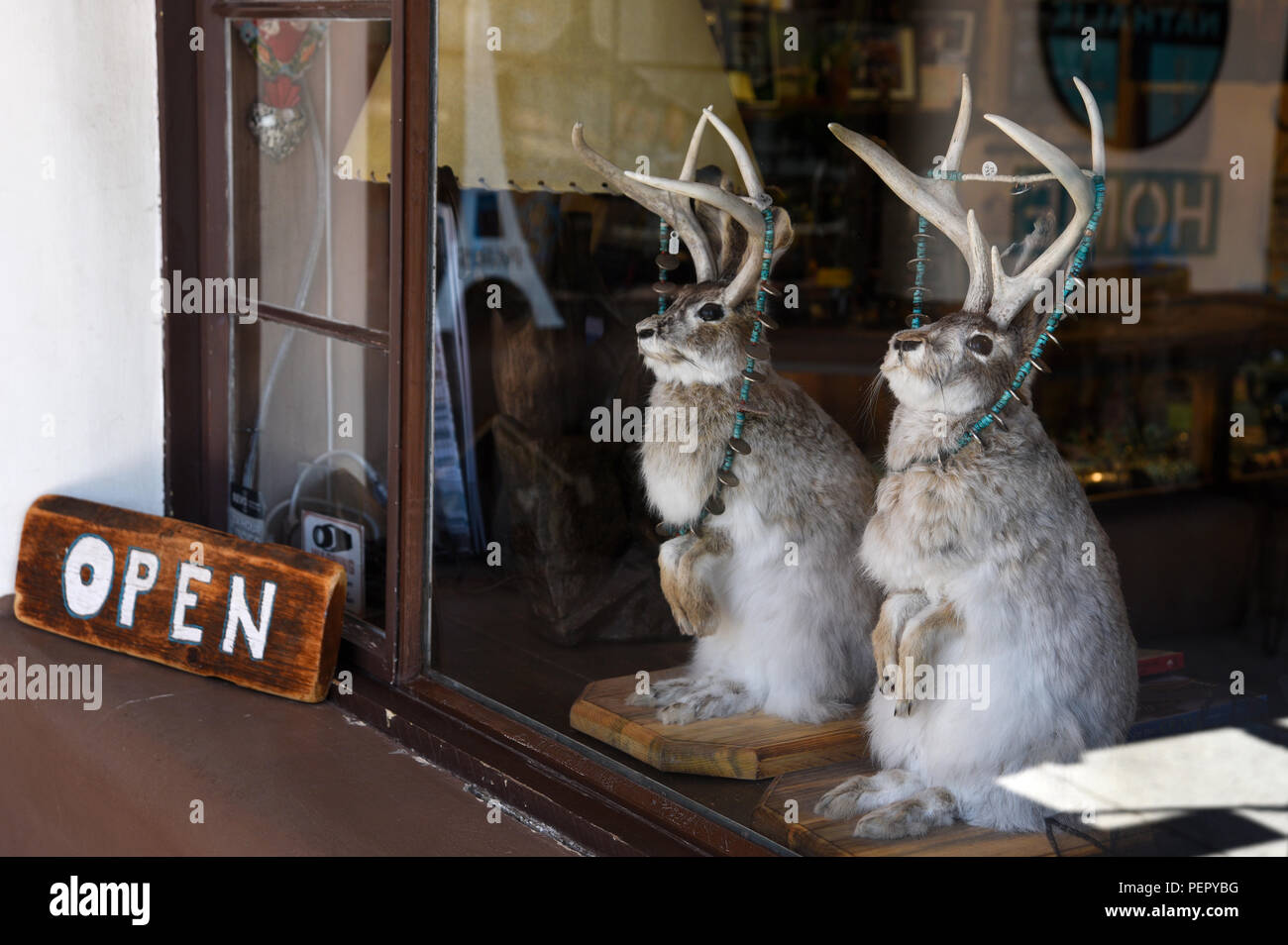 A New Mexico store’s window display features a pair of mythical ...