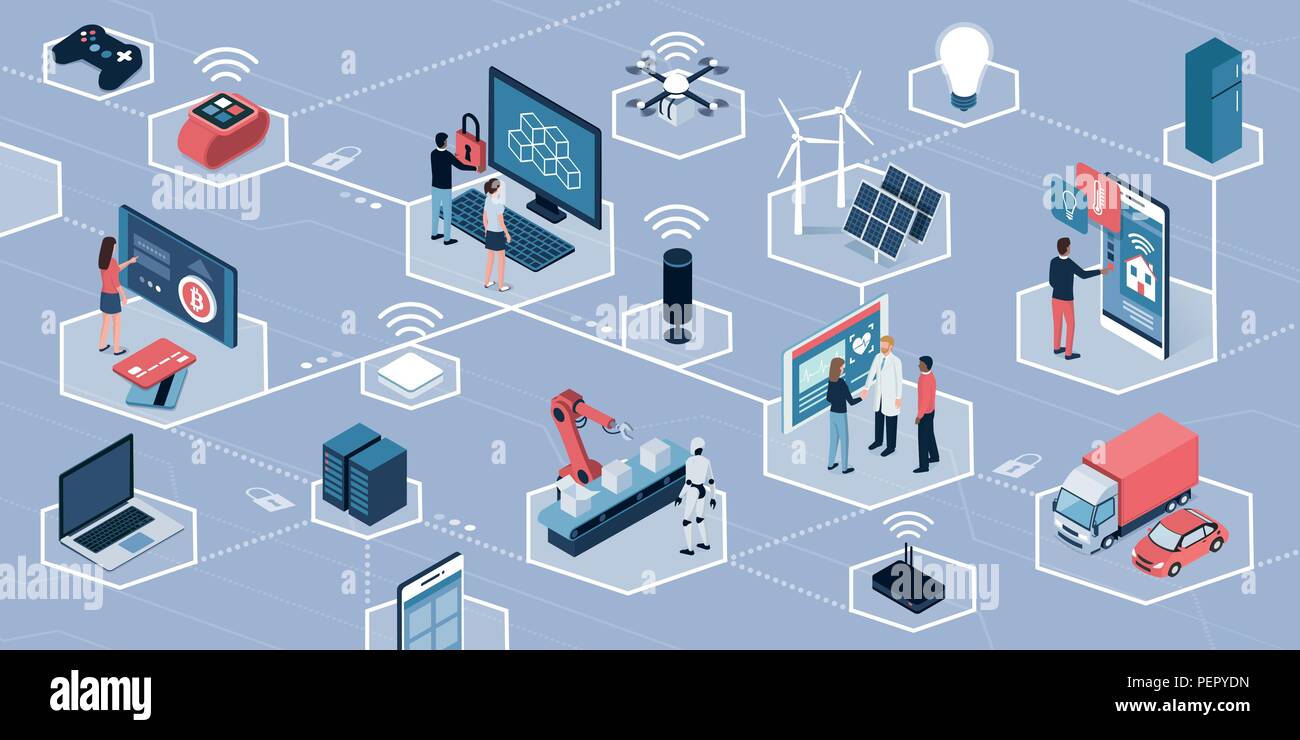 People using touch screen interfaces, augmented reality and IOT devices: blockchain of things ...