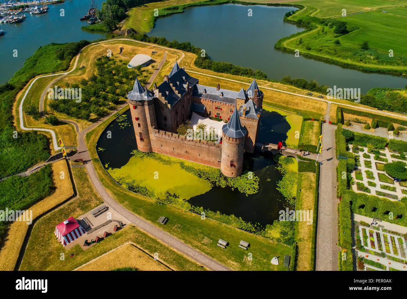 Aerial view of the medieval castle Muiden, in the Netherlands, located ...
