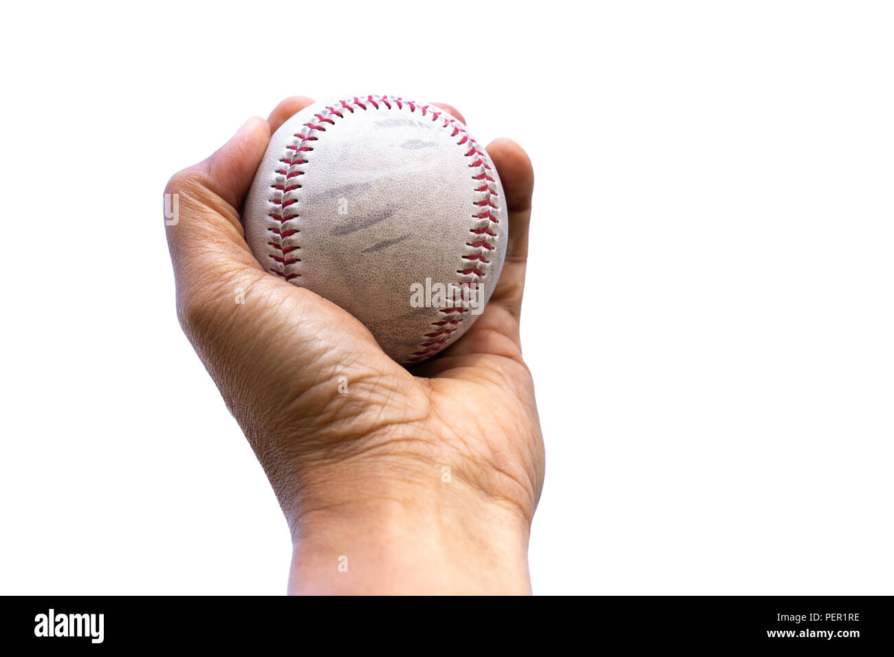 Hand holding baseball on isolated in white background clipping path ...