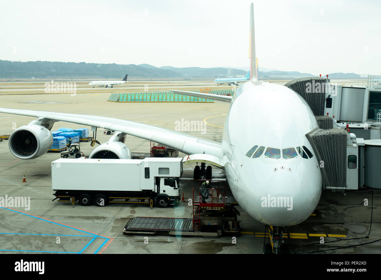 Front angle view of airplane on gate terminal preparing for take off ...