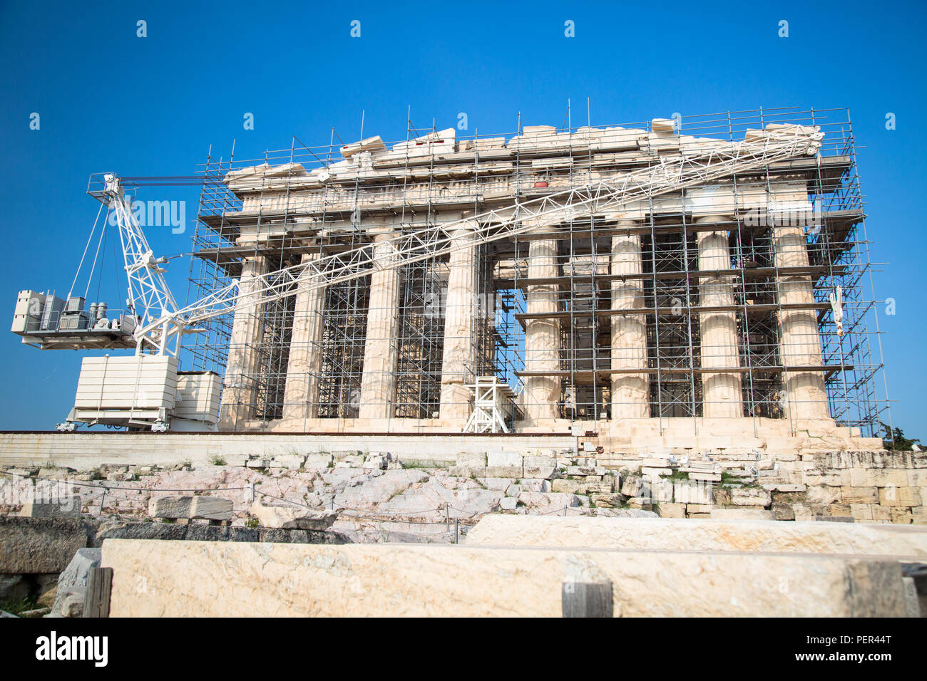 The Parthenon is under reconstruction. Ancient Greek temple Parthenon in Athens Greece on a ...