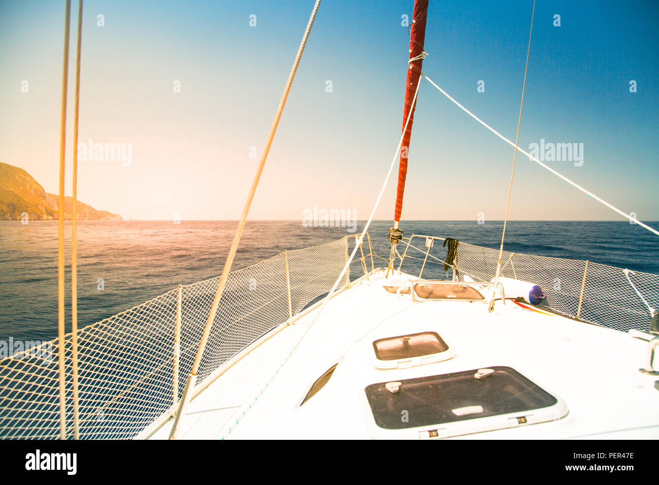 Sailing yacht on the background of the sea and mountains. Summer ...