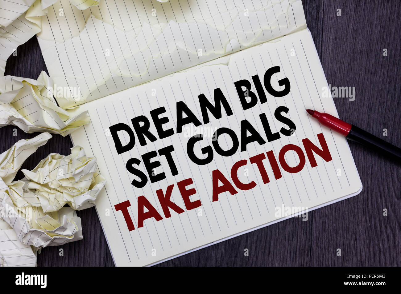 Writing note showing Dream Big Set Goals Take Action. Business photo ...