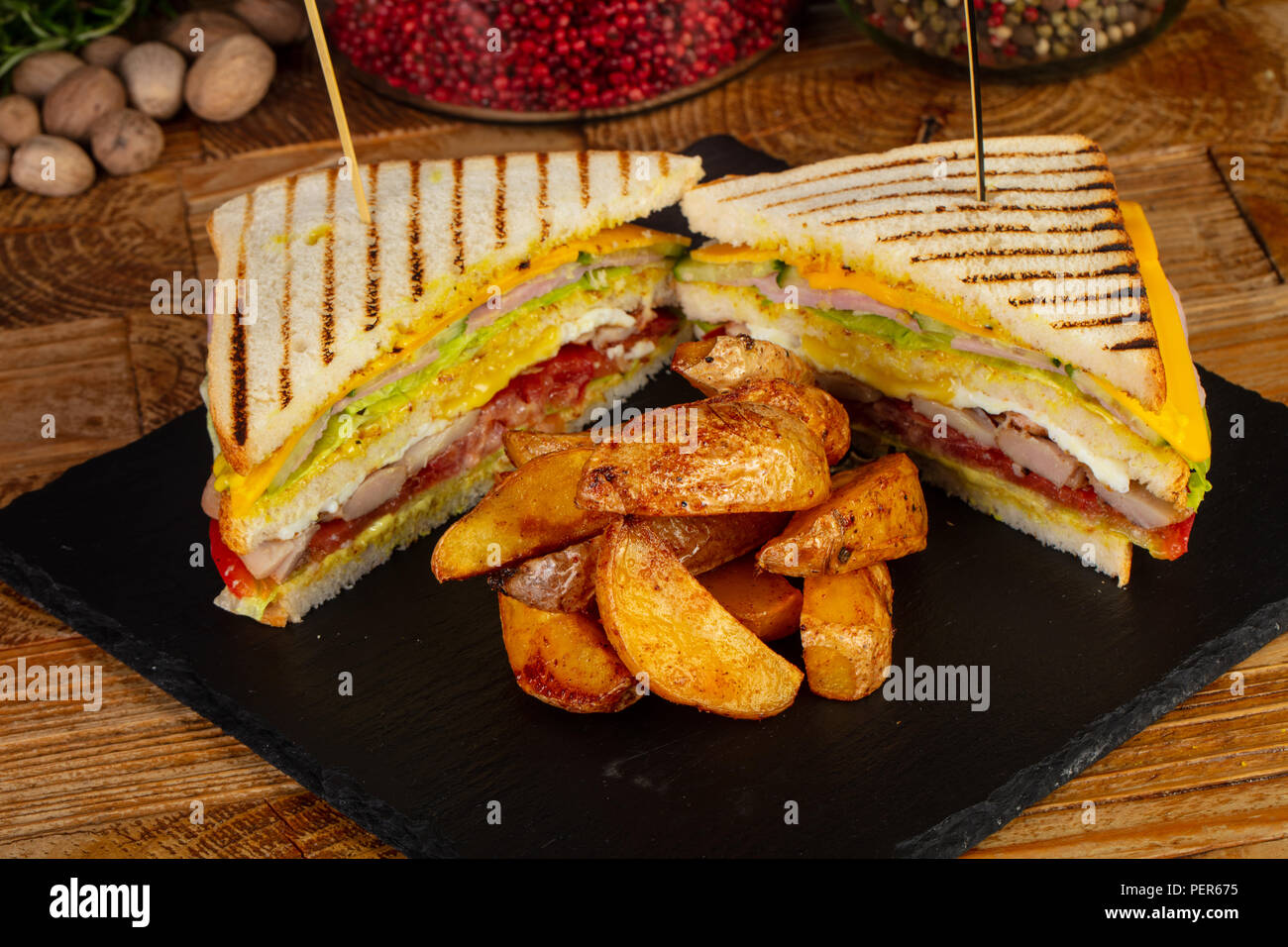 Delicious chef sandwich with fried french fries Stock Photo - Alamy