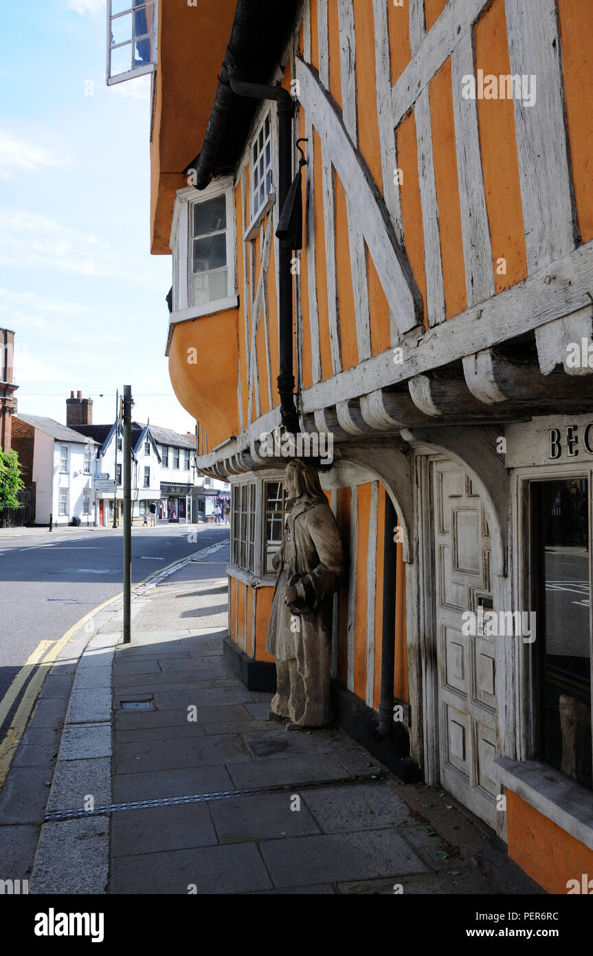 Statue under the overhanging upper storey of St Nicholas Hall, Hertford ...