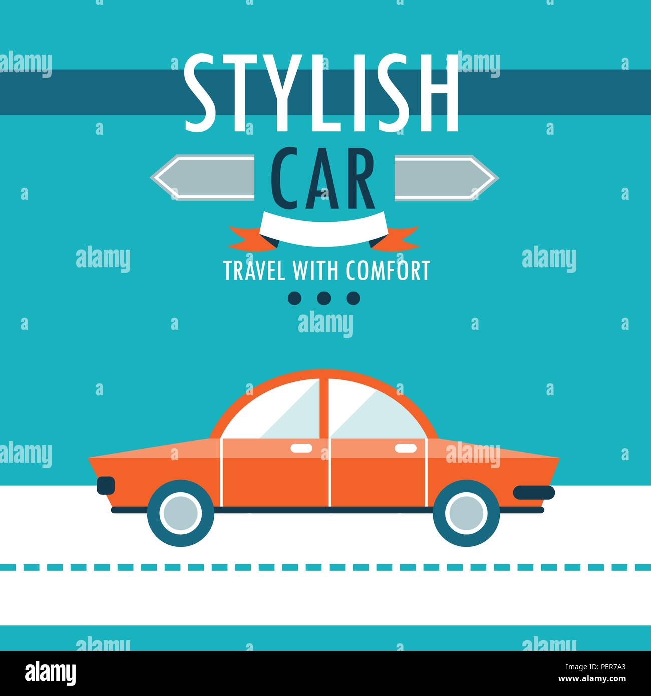 Car on the road. Stylish car, travel with comfort. Flat design ...