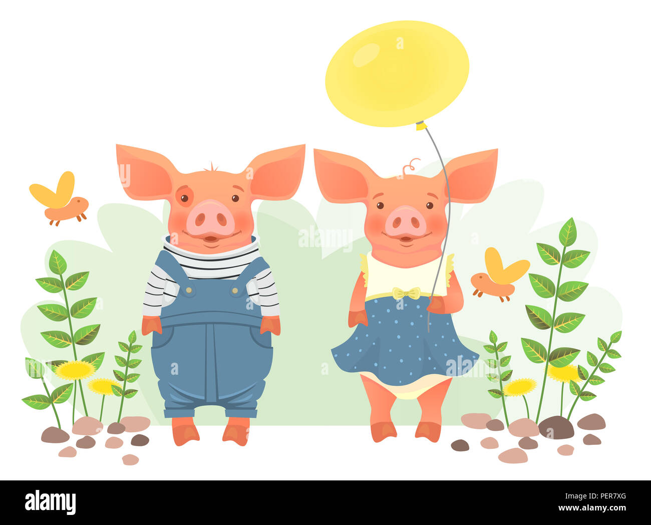 Symbol of friendship, love and teamwork. Two pigs holding balloon ...