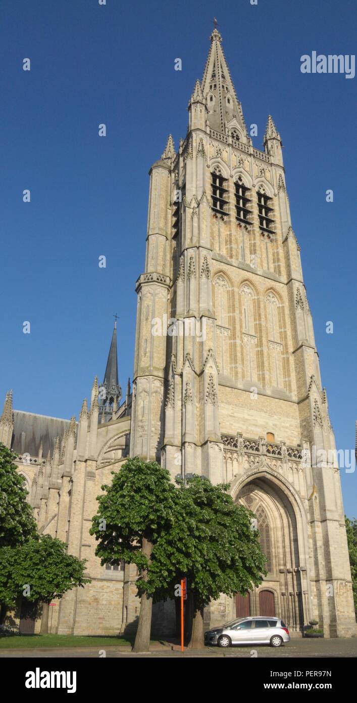 Tower and front entrance of Ypres/Ieper Cathedral, Belgium Stock Photo ...