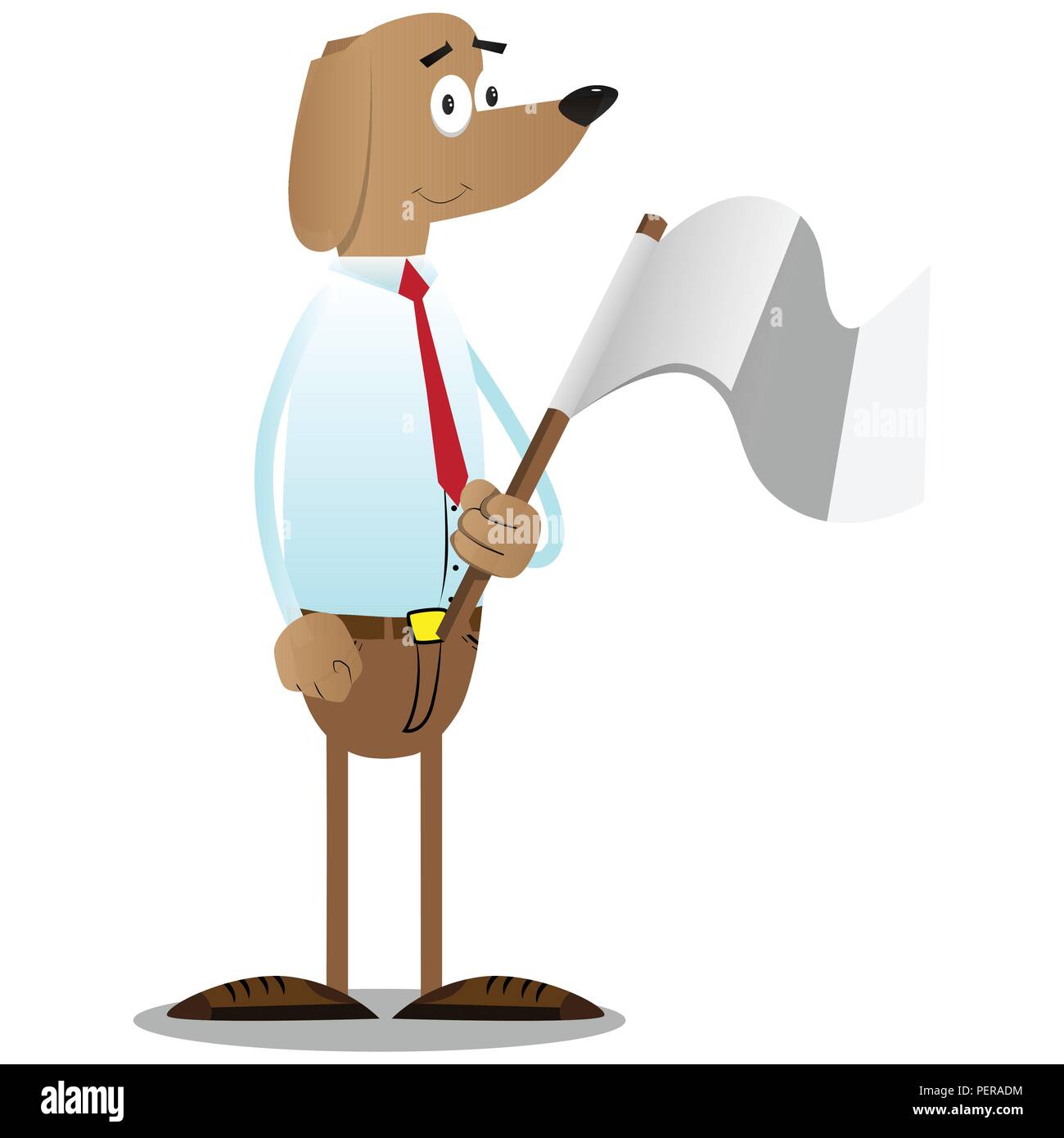 Cartoon vector illustrated business dog holds white flag of surrender ...