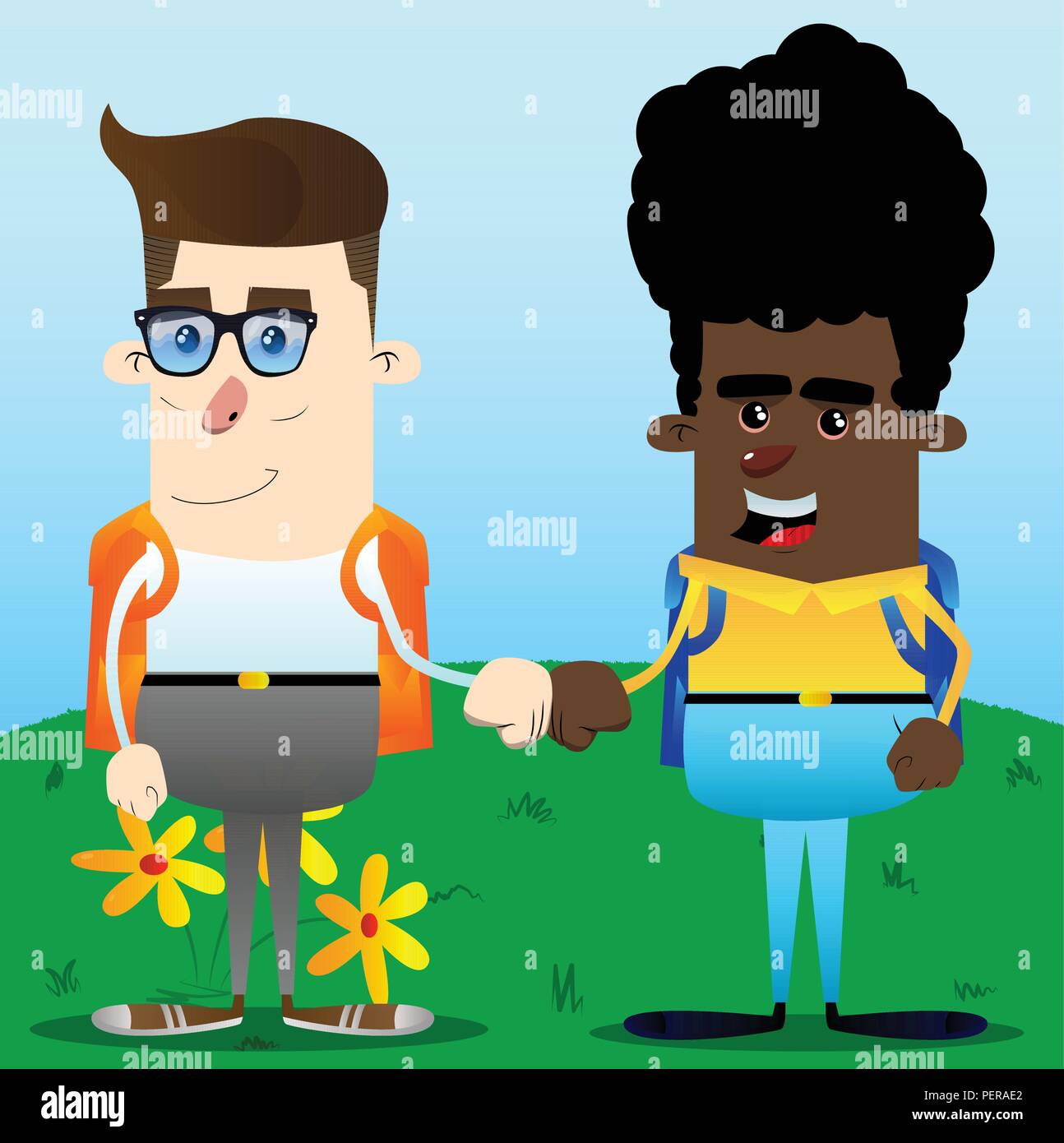 Schoolboys giving a fist bump. Vector cartoon character illustration ...