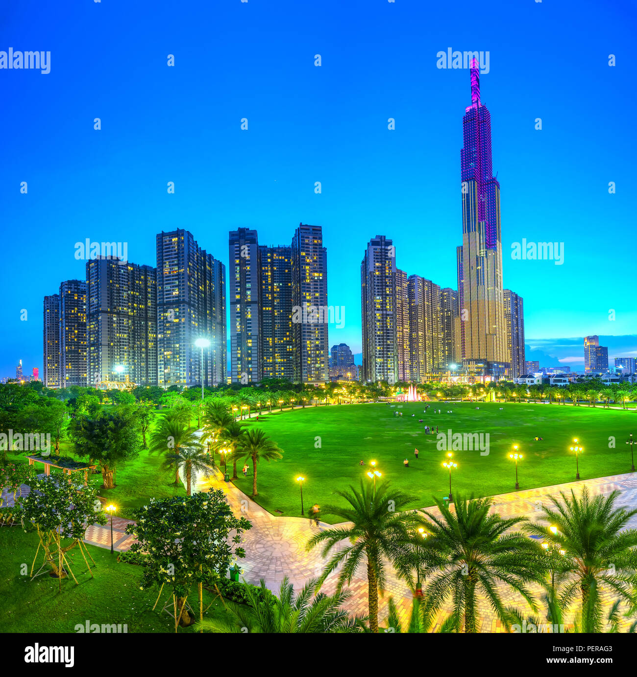 Panoramic view of skyscrapers at night with many sparkling lights ...