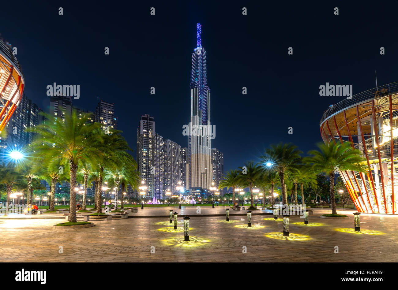 Panoramic view of skyscrapers at night with many sparkling lights ...