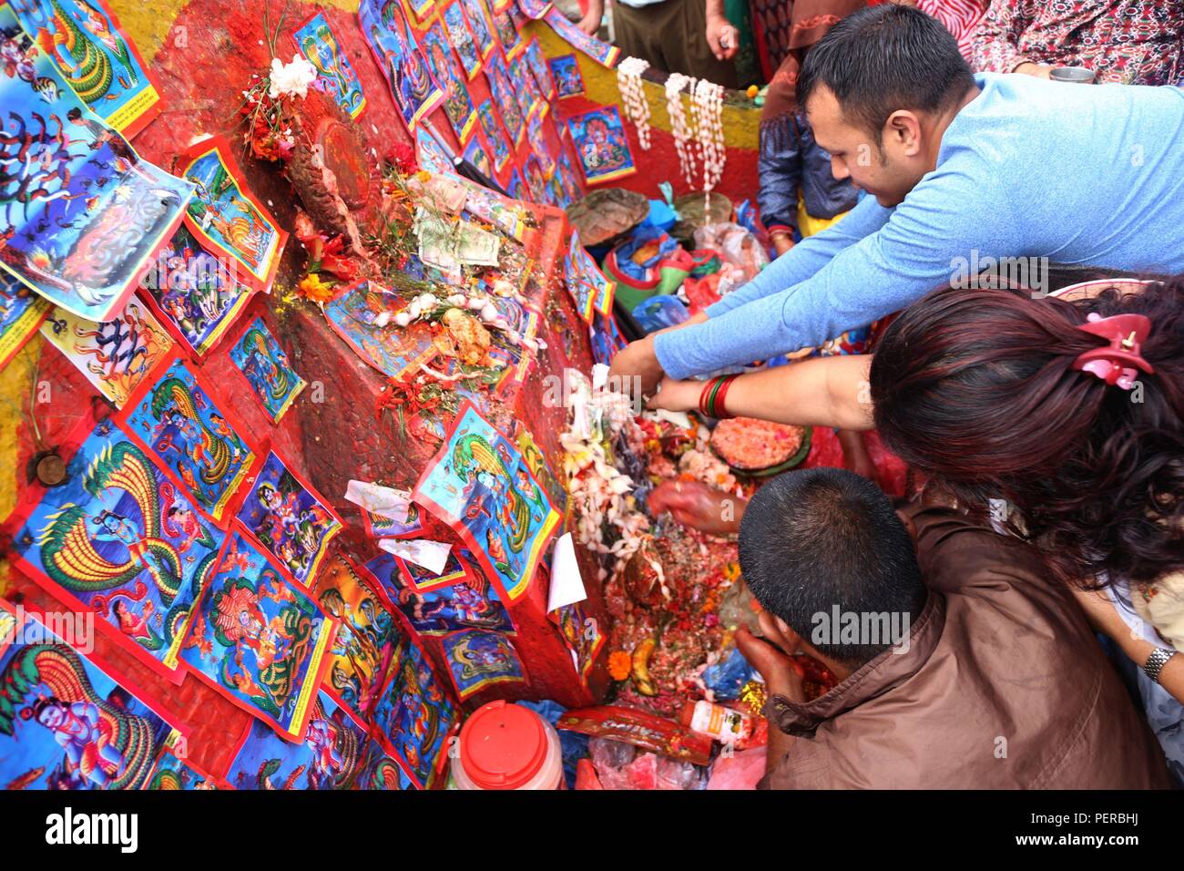 Kathmandu, Nepal. 16th Aug, 2018. Devotees gathered to offer prayers ...