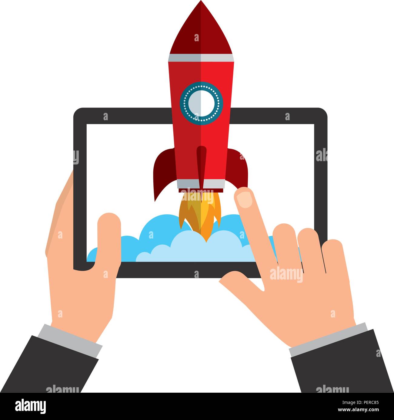 hands with tablet device and startup rocket Stock Vector Image & Art ...