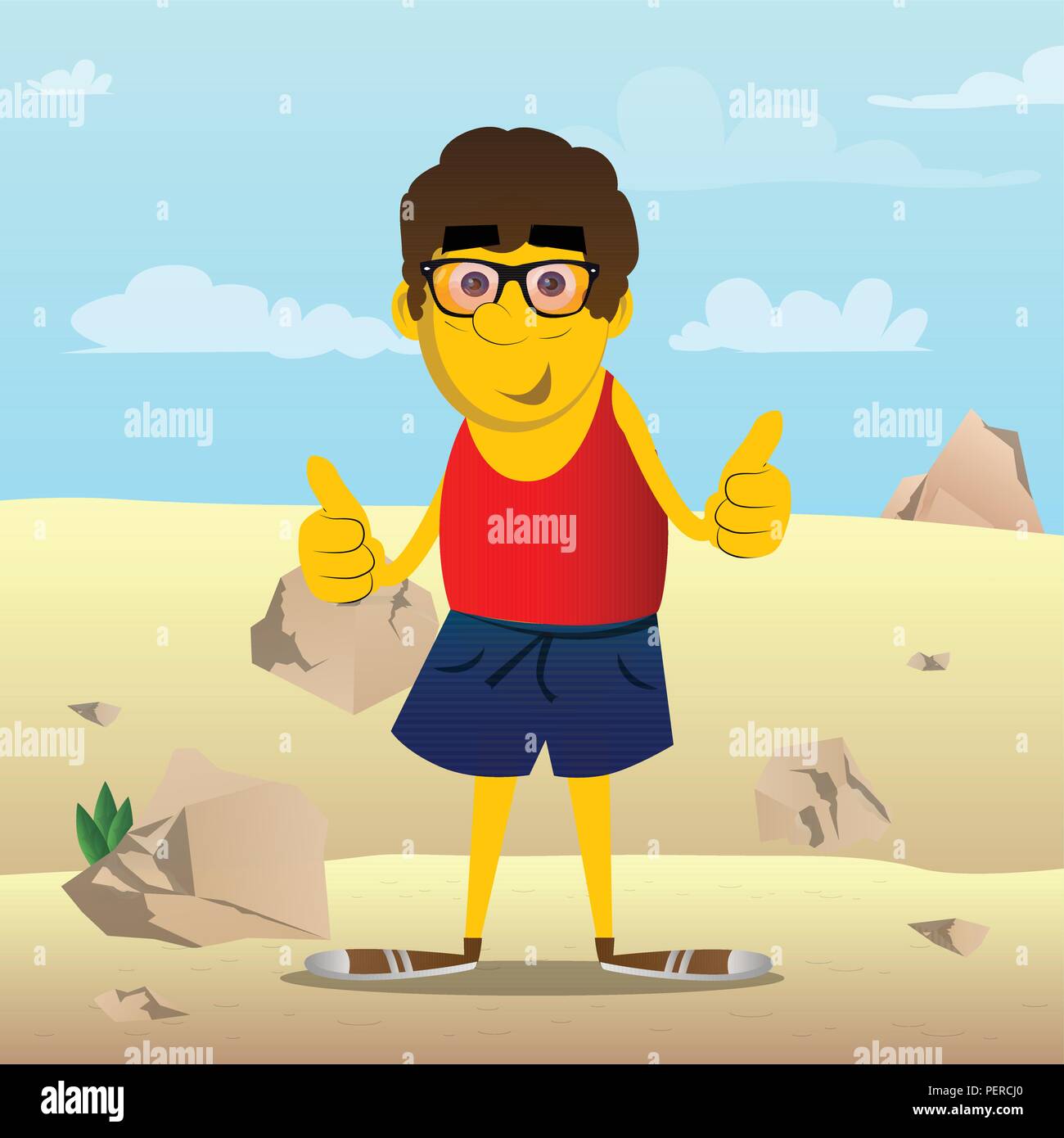 Yellow man making thumbs up sign with two hands. Vector cartoon ...