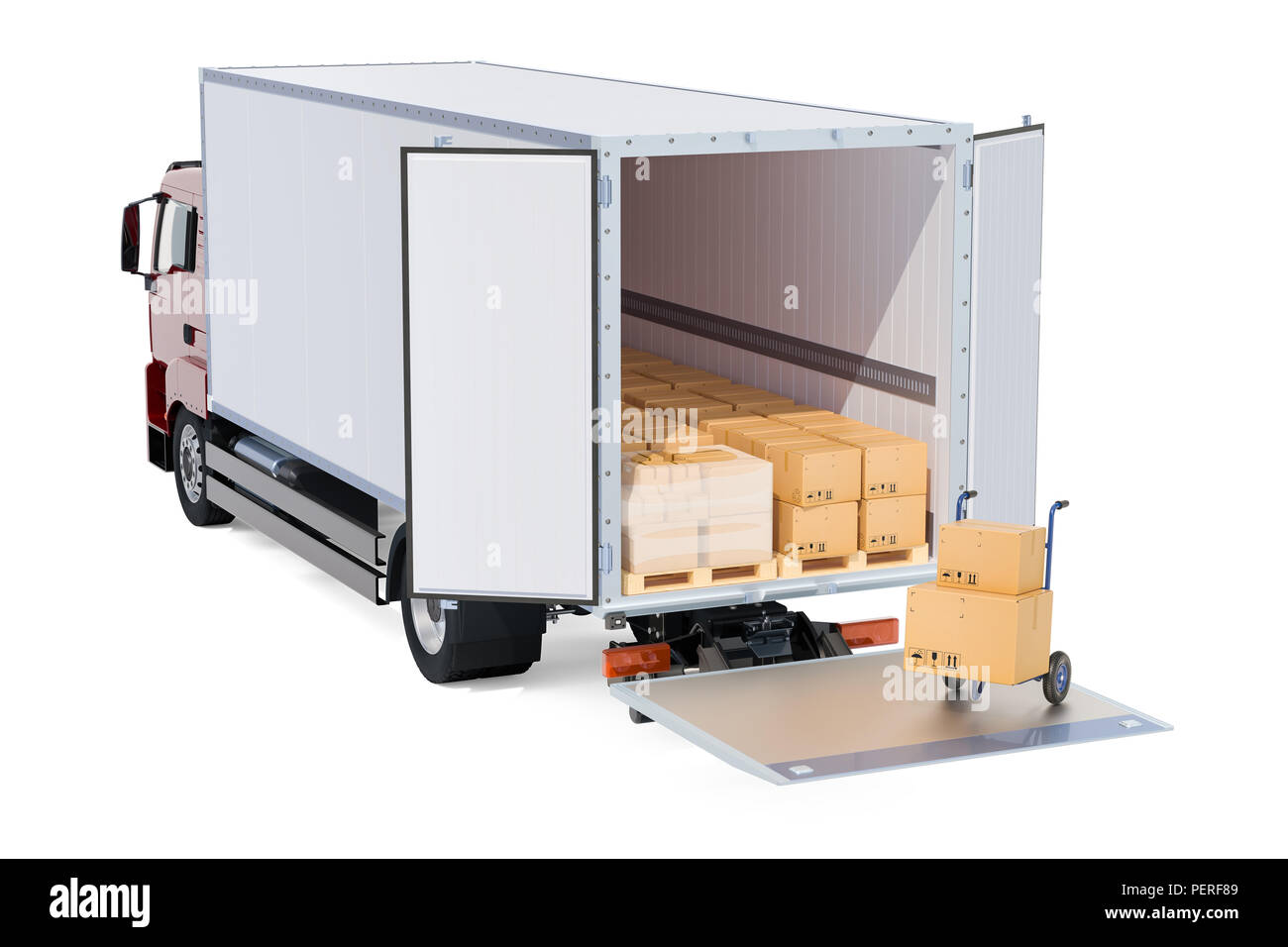 Freight transportation, delivery concept. Truck with parcels and pallet truck with cardboard ...