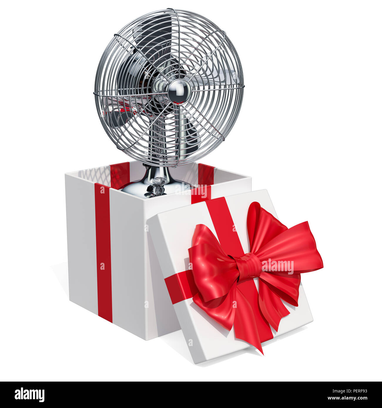 Gift concept. Table fan inside gift box. 3D rendering isolated on white ...
