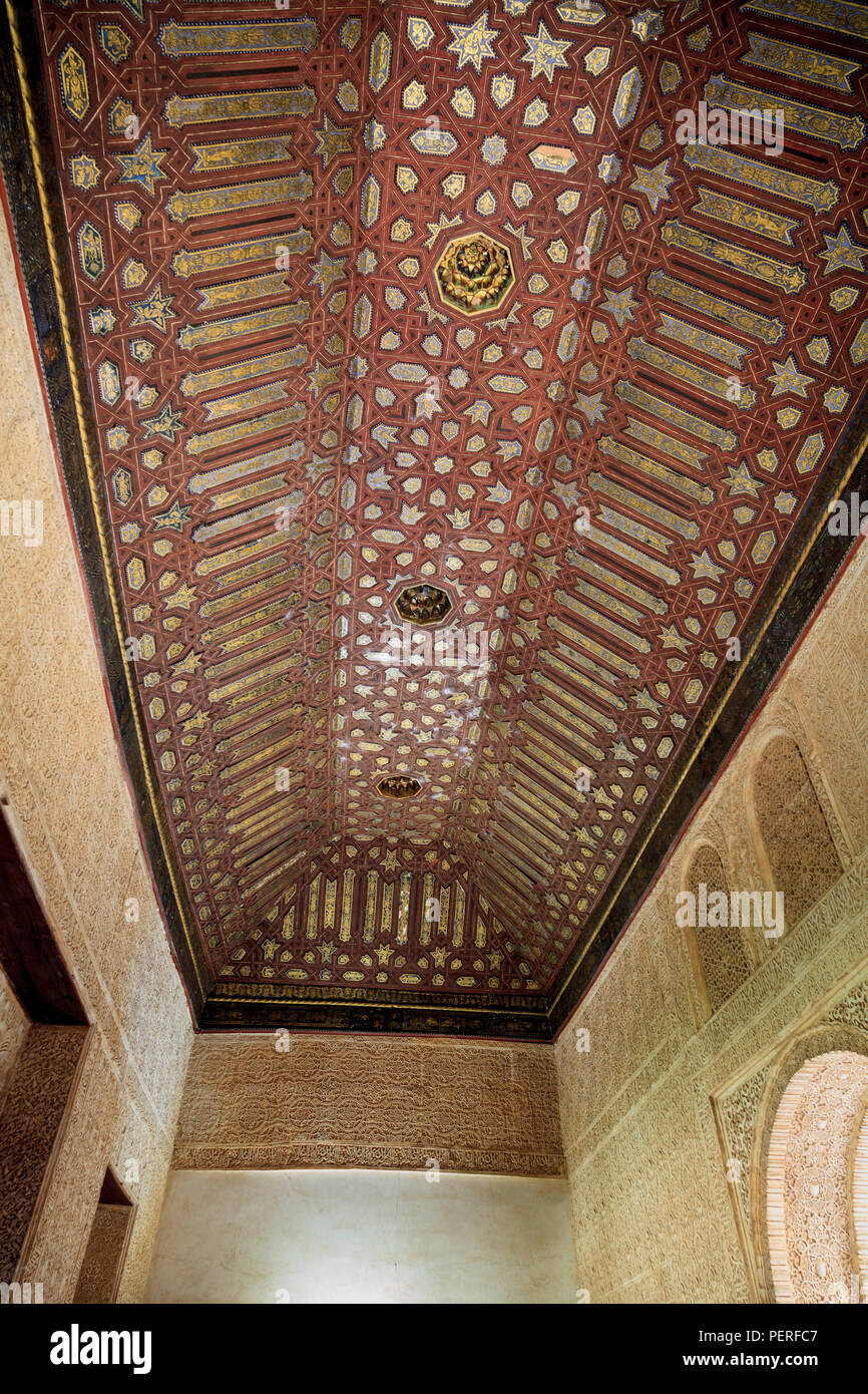 Highly decorative moorish architecture ceiling in the Alhambra Palace ...