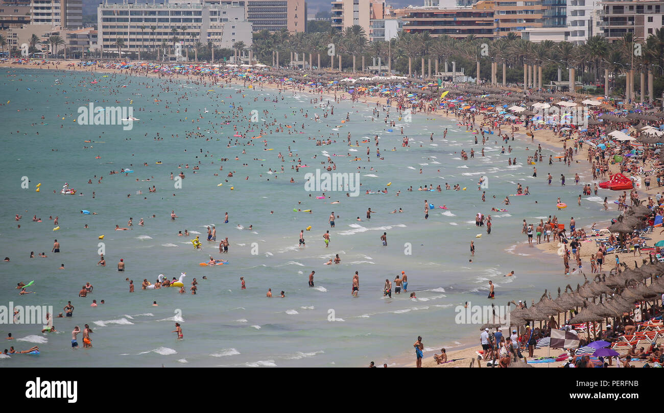 General view over the touristic beach of El Arenal in the Spanish ...