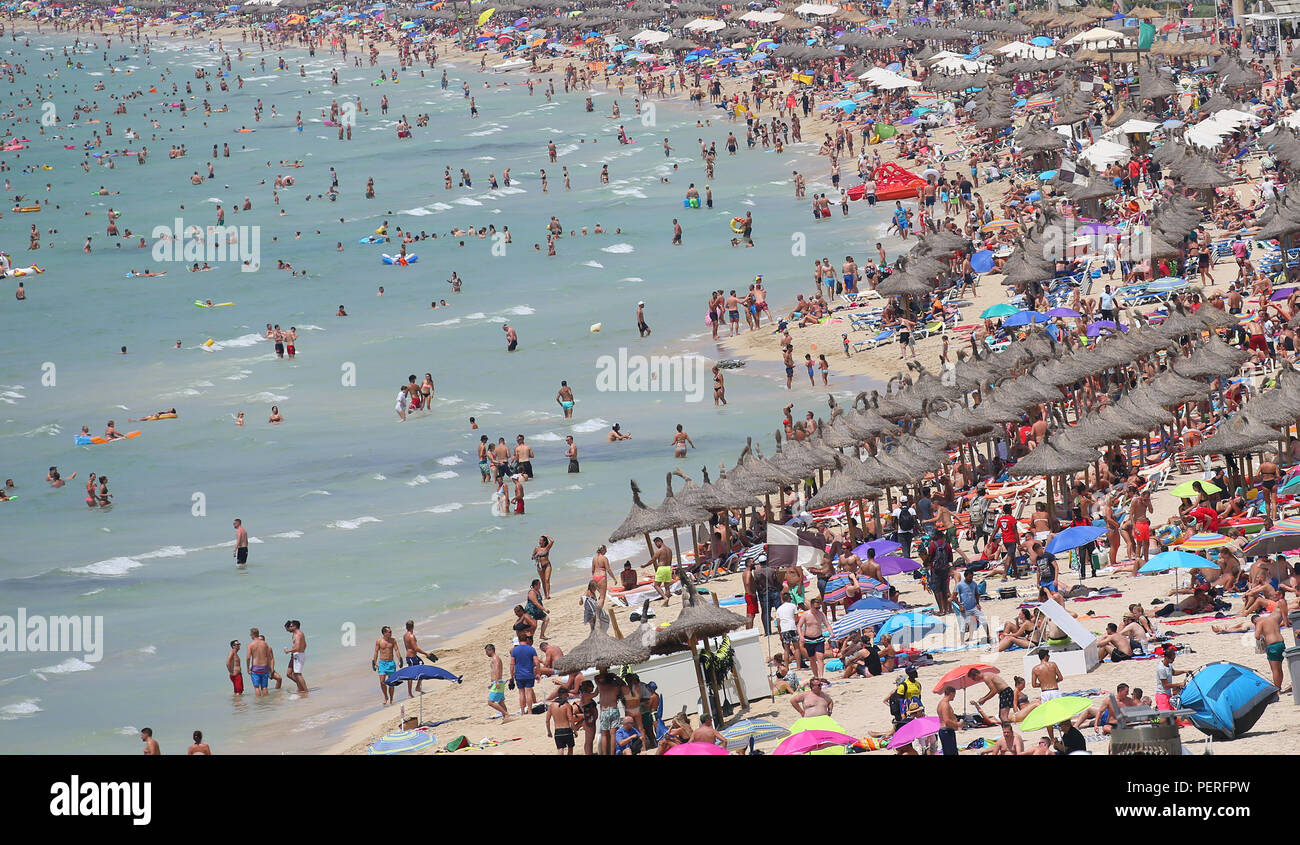 General view over the touristic beach of El Arenal in the Spanish ...