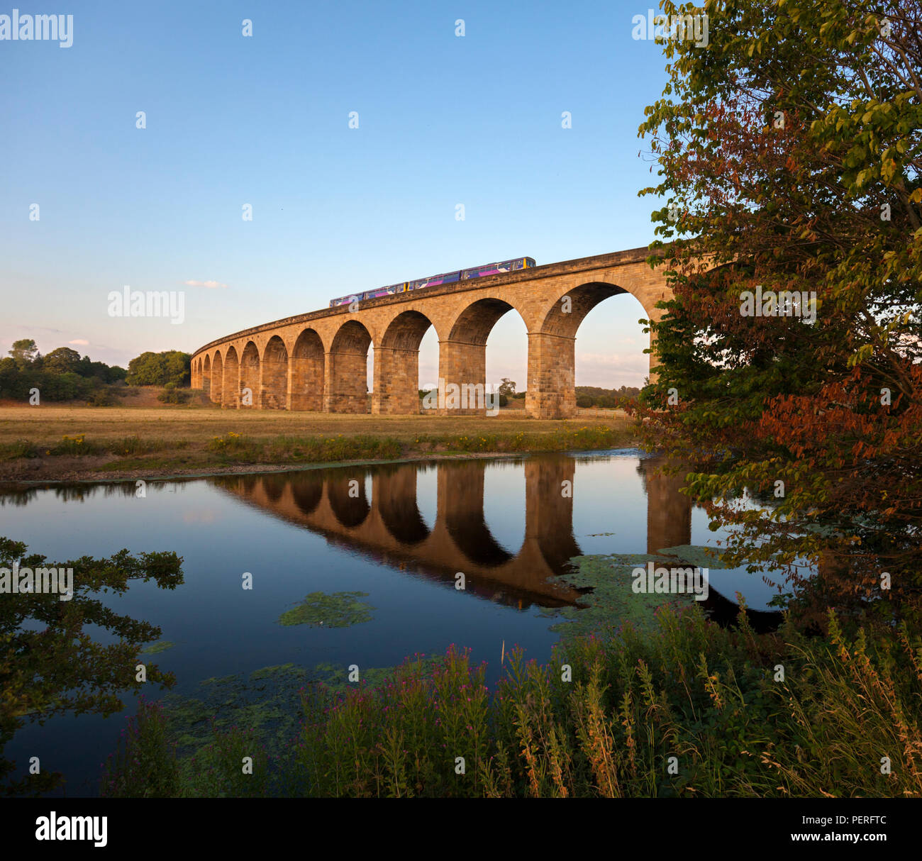 2 Northern rail class 142 pacer train crossing Wharfedale viaduct over ...
