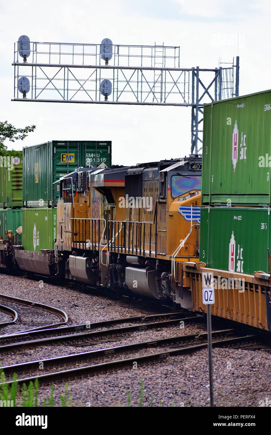 Rochelle, Illinois, USA. Helper units cut into a Union Pacific freight ...